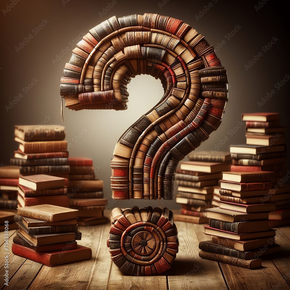 Books piled up in the shape of a question mark Stock Photo | Adobe Stock