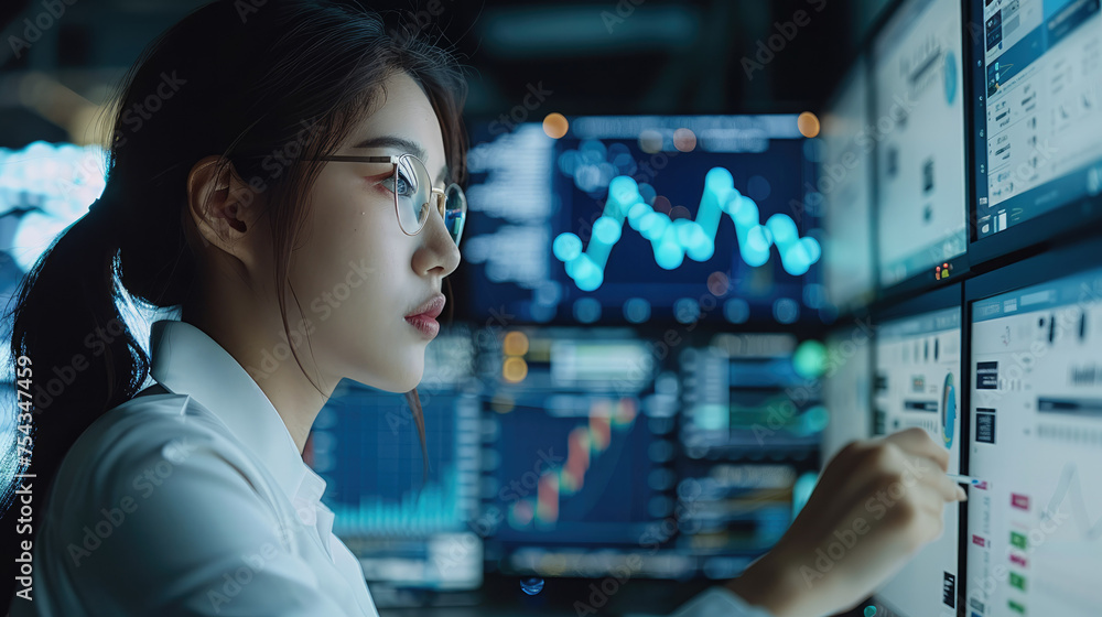 Professional female asian data analyst fine-tuning data on a computer ...