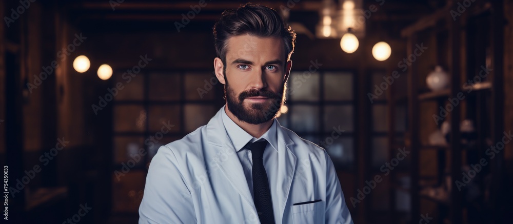 A fully grown man with a beard is dressed in a formal shirt and tie ...