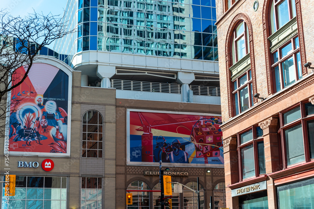BMO, bank, logo, old and new architecture at corner of Shuter Street ...