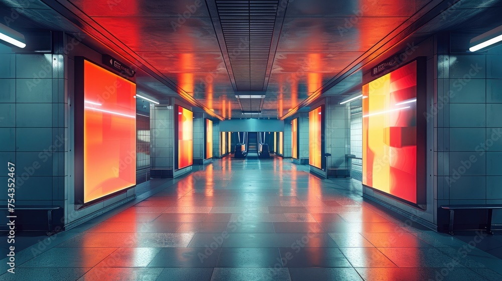 In the subway building with a plain concrete design style, there is an ...