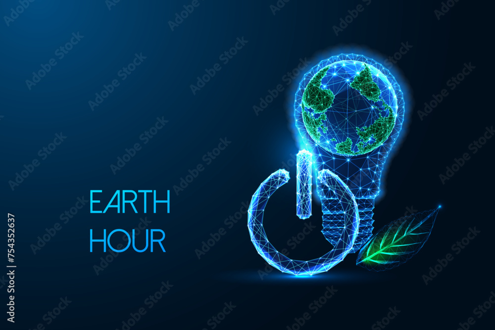 Earth Hour concept with Earth in a lightbulb, power button, and green ...