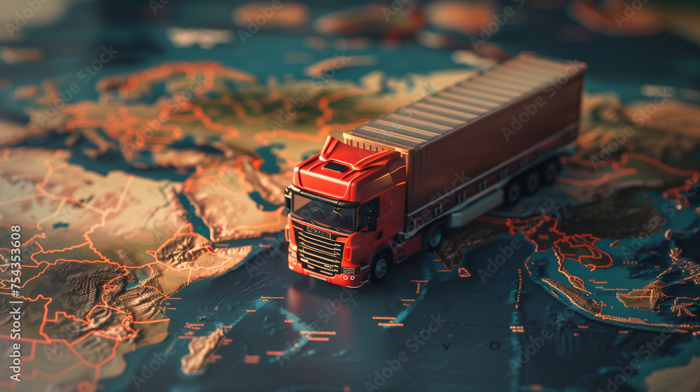 Truck model on world map, transportation of goods between countries on ...