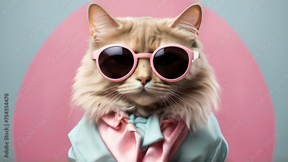Cool looking cat wear glamour elegant coat and sunglasses on pink color ...