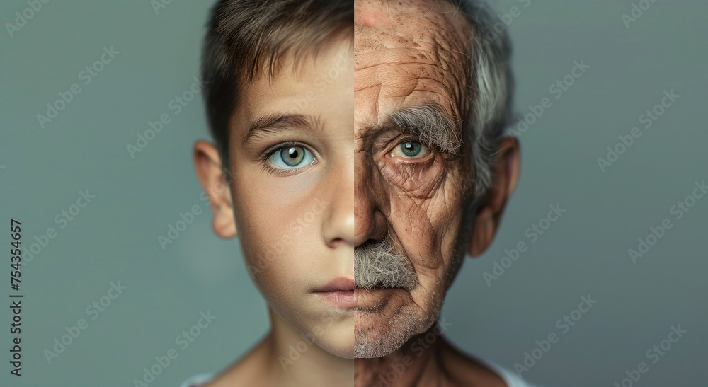 The face is divided into two halves - half of a young man and half of ...