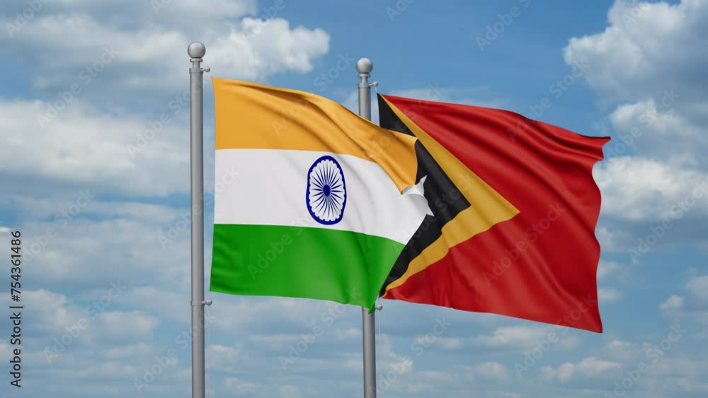 East Timor and India two flags waving together, looped video, two ...