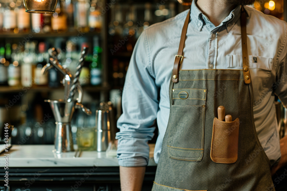 Highlighting the texture of the bartender's apron, with soft folds and ...