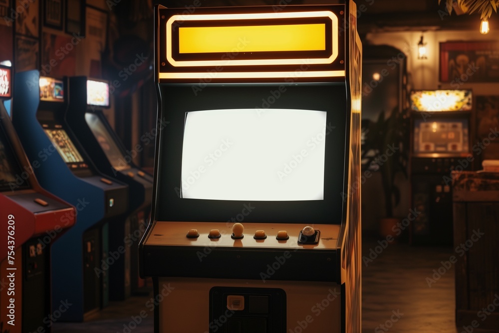 A gaming arcade screen mockup with a blank display, in a vintage arcade ...