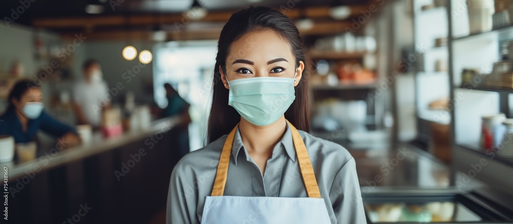 A woman, Asian waitress, stands in a cafe wearing a face mask and apron ...