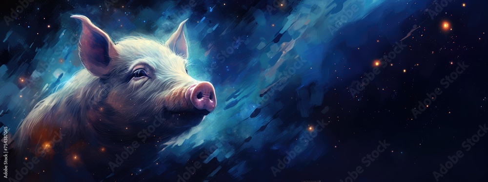Pig against cosmic background with space, stars, nebulae, vibrant ...