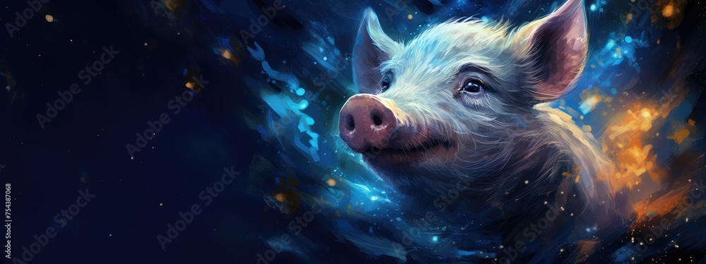 Pig against cosmic background with space, stars, nebulae, vibrant ...