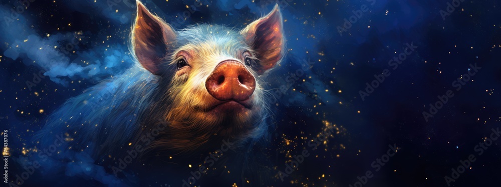 Pig against cosmic background with space, stars, nebulae, vibrant ...
