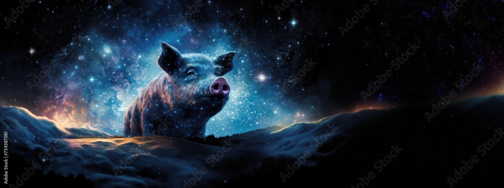 Pig against cosmic background with space, stars, nebulae, vibrant ...