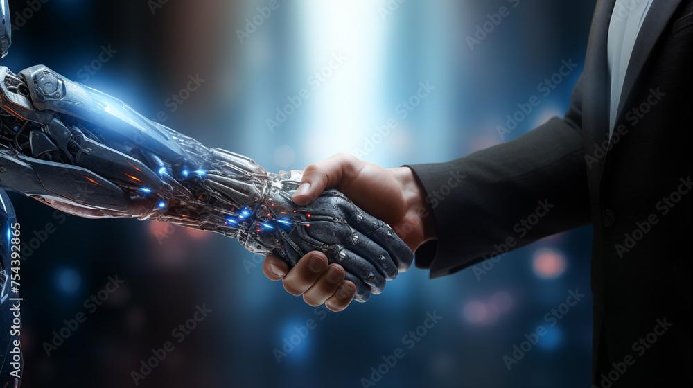 Digital robot handshake with human background futuristic digital age ...