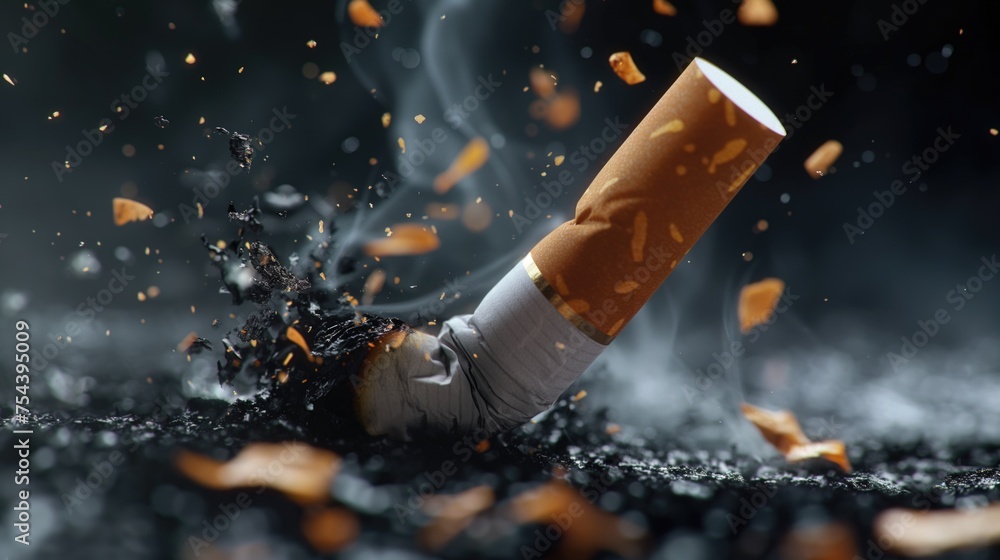 Dynamic and dramatic moment of a cigarette being crushed, with pieces ...