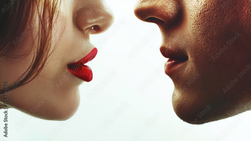 Extreme side close-up of two people kissing lips, hyper realistic ...