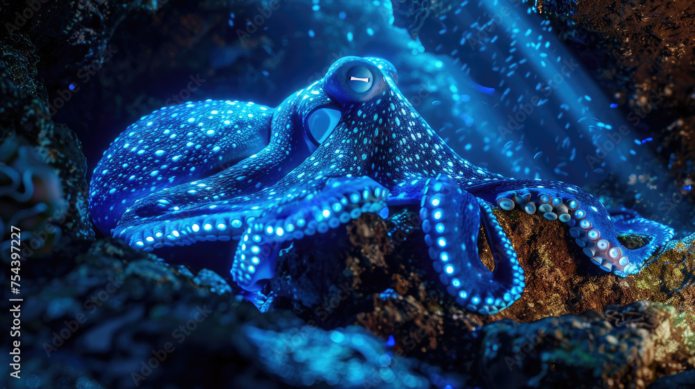 Octopus with neon violet and pink marbled skin moves among coral in an ...