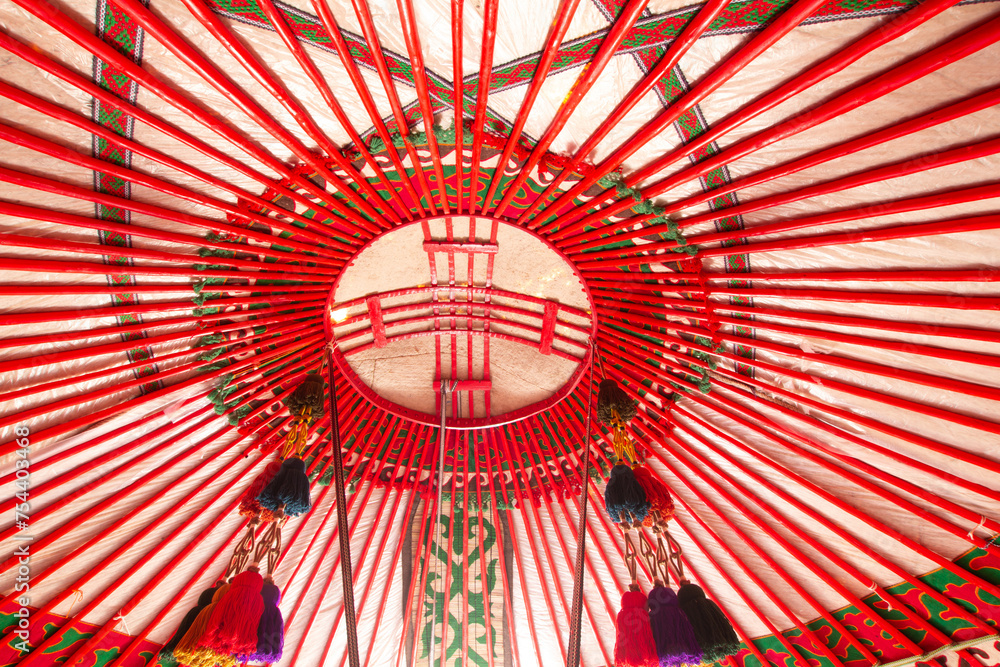 Yurt interior. Shanyrak impotant element of traditional Kyrgyz tent ...