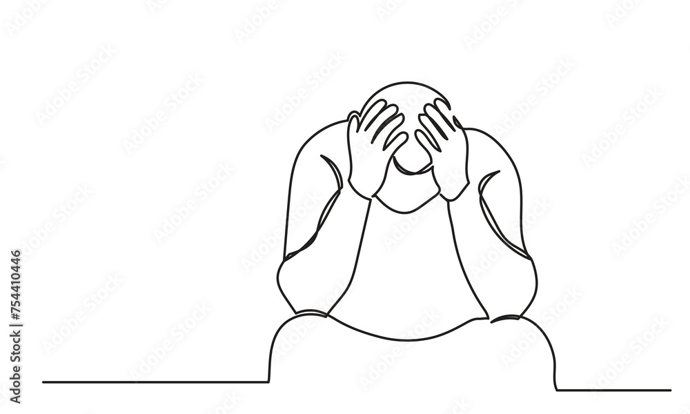 Póster Continuous line drawings of a young man's depression sad ...