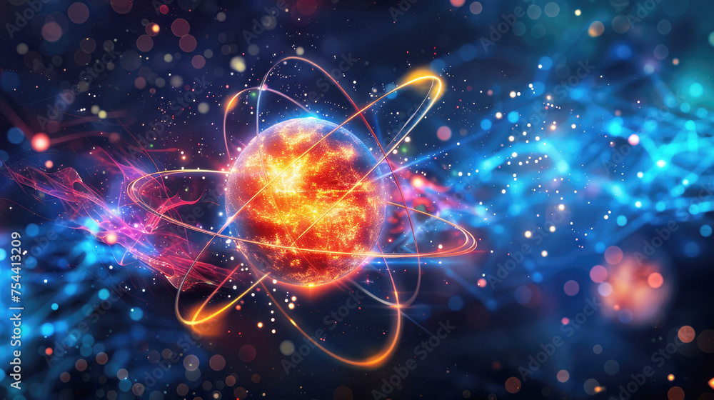 Diagram of the nucleus of an atom with an abstract background of ...