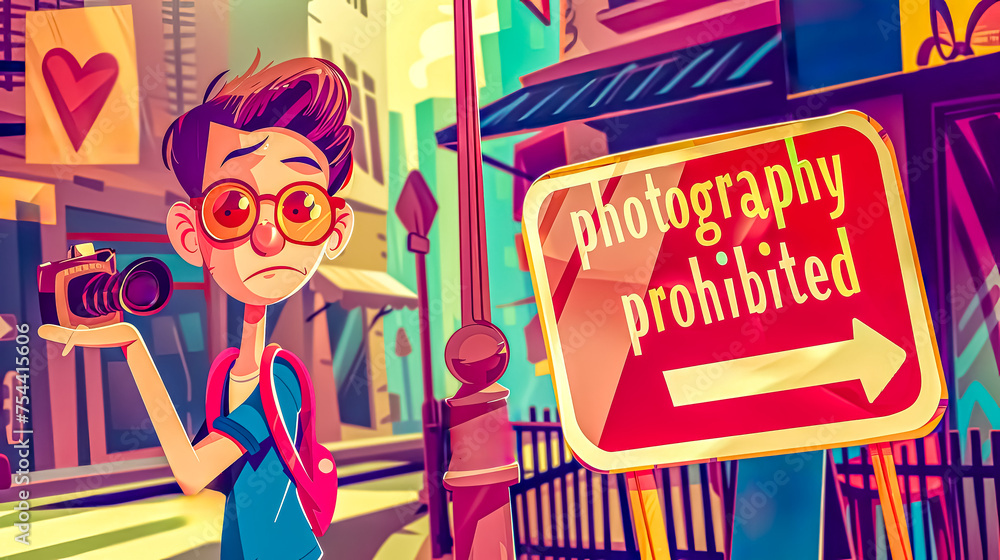 Cartoon photographer surprised by no photography sign Stock ...