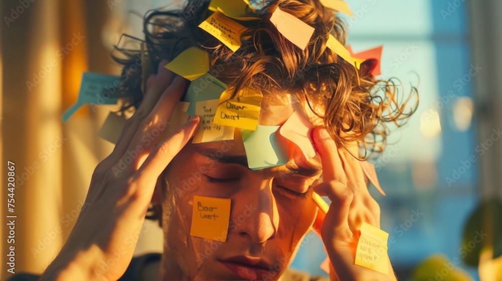 Man's face covered with todo post-it notes with hands grabbing hair on ...