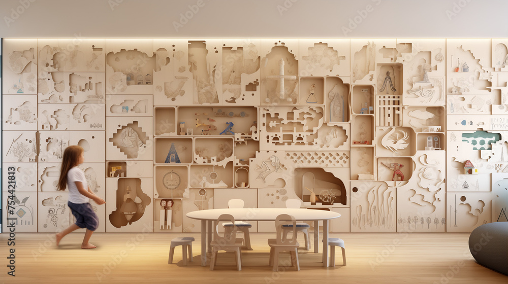 Interactive children's playroom with a magnetic wall covered in ...