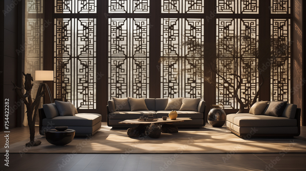Japanese-inspired living room with shoji screen wall panels featuring ...