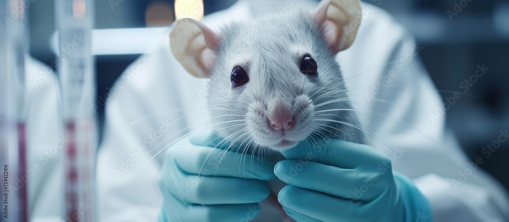 A close-up view of a scientist in a white lab coat carefully holding a ...