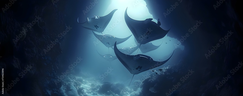 Formation of Manta Rays Swimming Underwater Shot. Concept Underwater ...