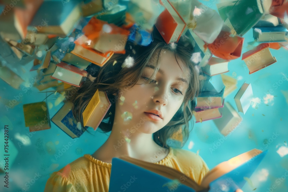 girl with autism reading a book, with her mind filled thoughts and ...