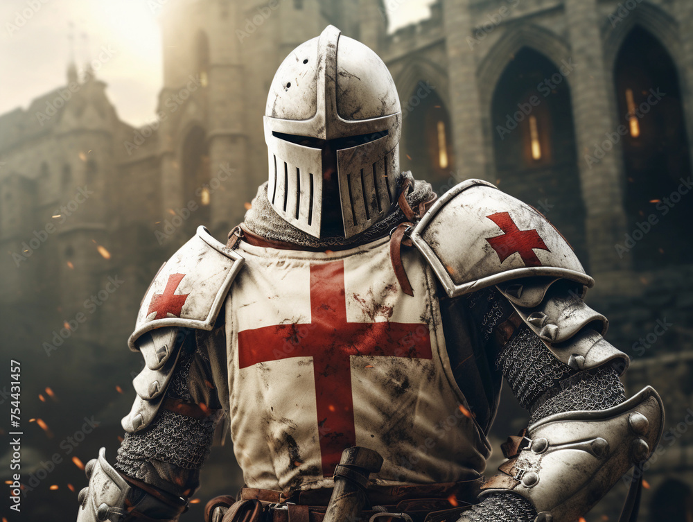 Templar knight wearing an armor with a red christian cross on it ...