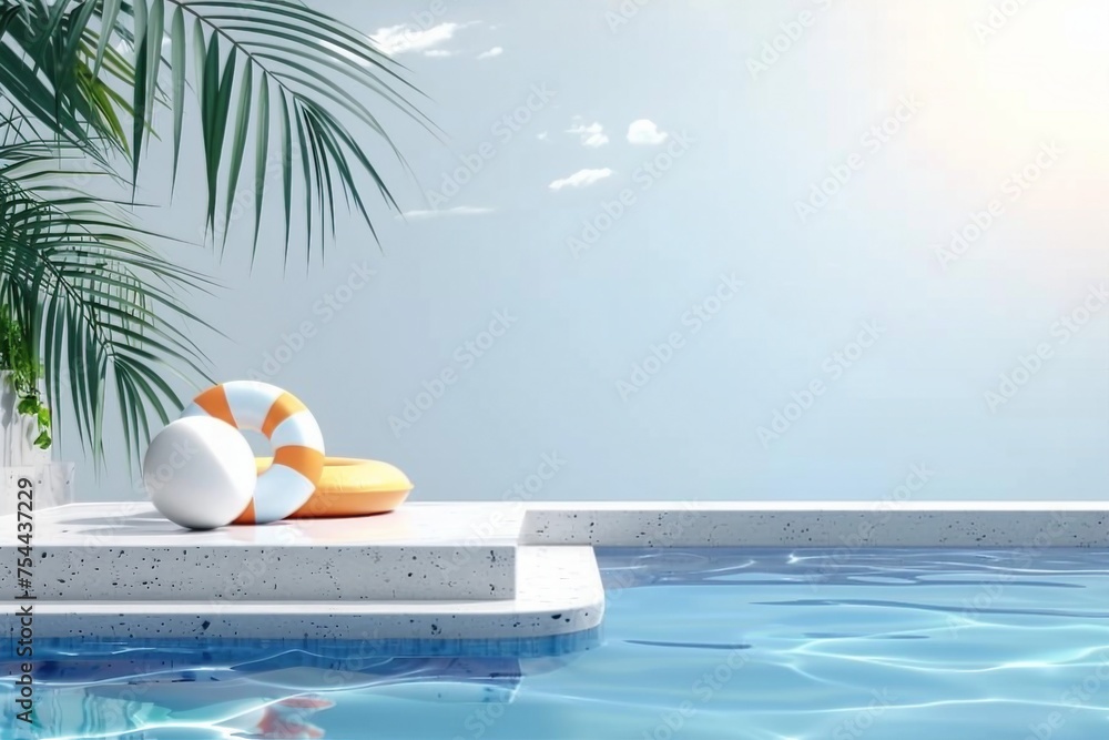 3d scene design for summer product display. Concrete stair podium with ...