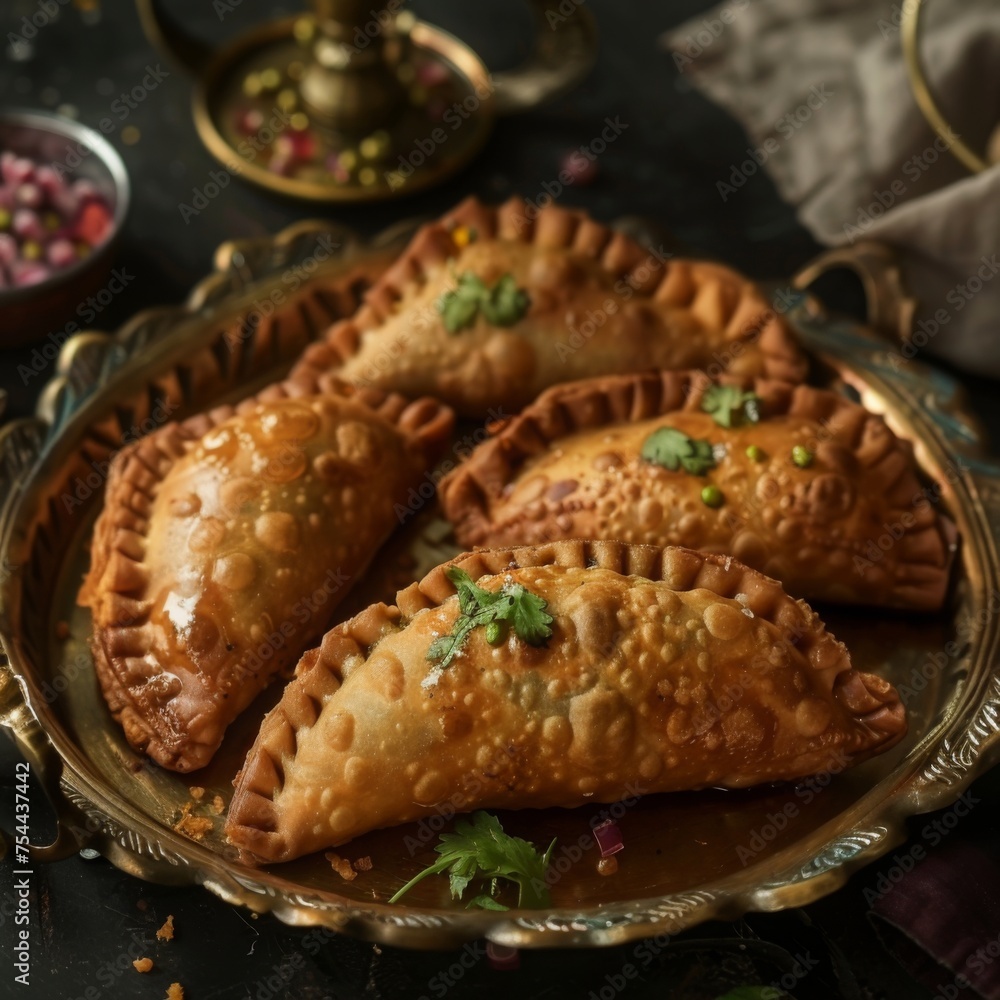 Gujia presented on a brass plate, Indian traditional food, sweet ...
