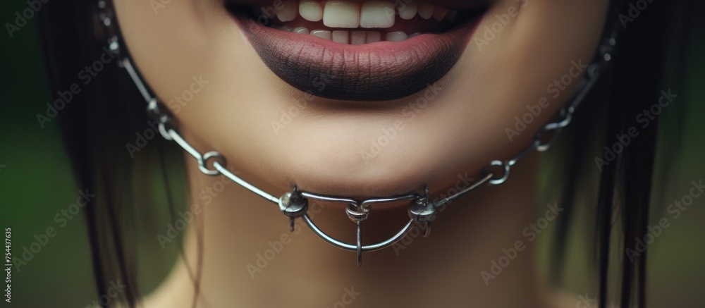 A close-up view of a womans face with a chain tightly wrapped around ...