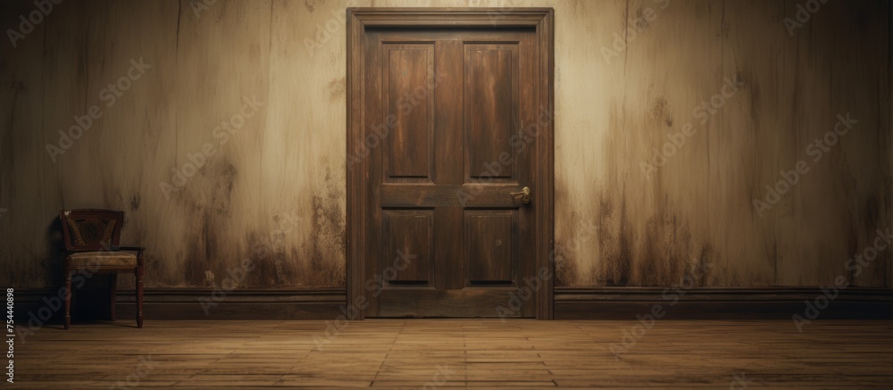 An old, empty room featuring a single wooden chair positioned near an ...