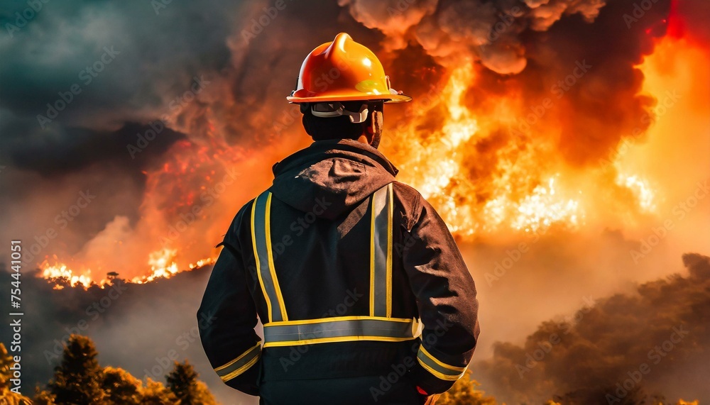 Firefighter Looking at Man-Made Natural Disaster in Horizontal Waist-Up ...