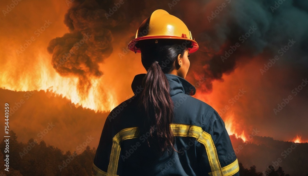 Female Firefighter Looking at Man-Made Natural Disaster in Horizontal ...