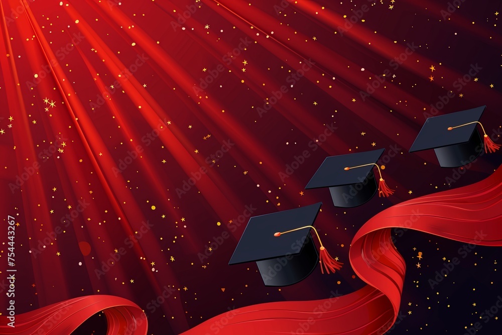 Graduation caps drift before a theatrical red curtain dusted with stars, embodying the dramatic ...