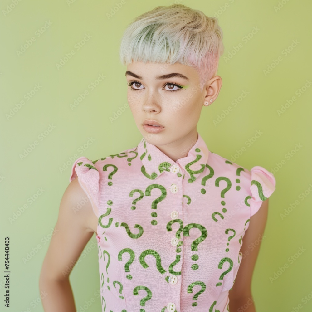 Girl with a question. A portrait of a girl model wearing a pink shirt ...