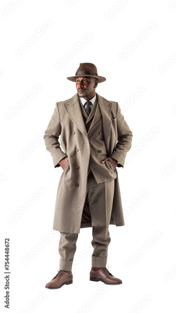 Handsome black man wearing a beige suit and tie. Fedora. Mafia gangster ...