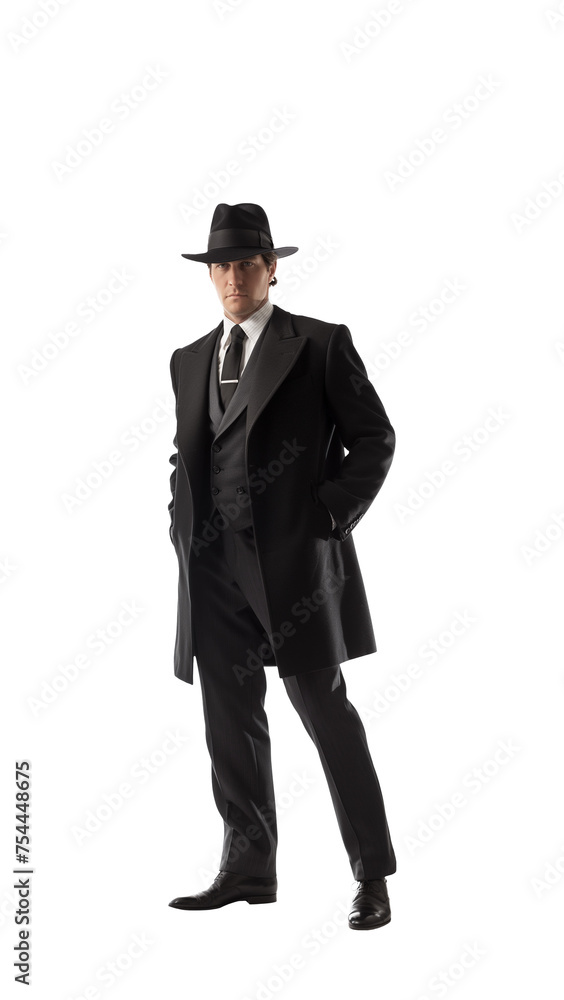 Handsome senior gangster from the 1920s wearing a black suit and tie ...