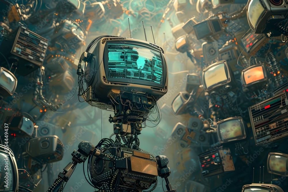 Robot Amidst Vintage Televisions in Post-Apocalyptic Surrealism, To ...