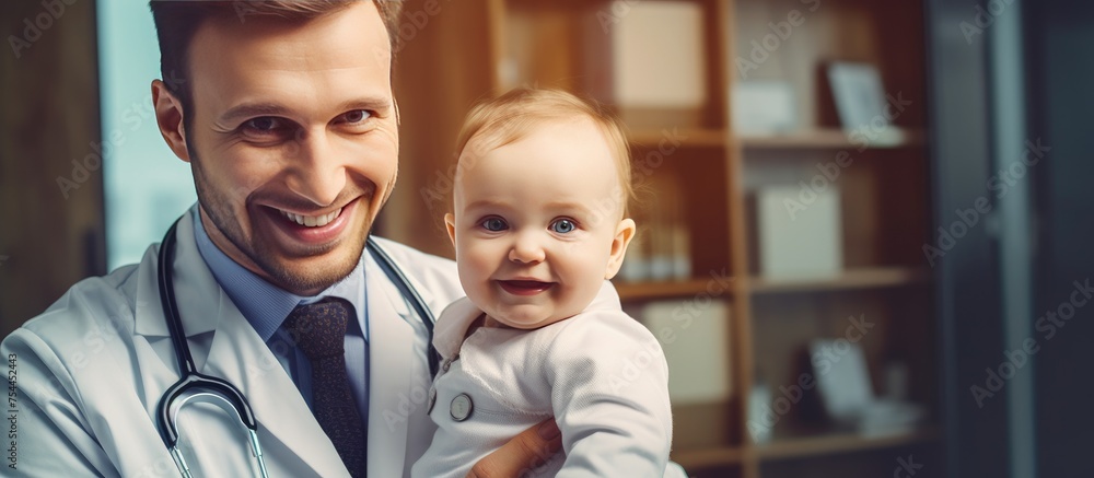 A smiling doctor pediatrician is holding a young baby in his arms ...