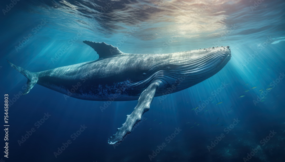 A blue humpback whale gracefully swims through the ocean, its massive ...
