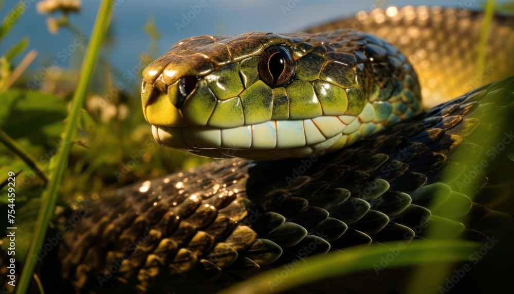 A close-up view of a Grass Snake slithering through green grass in its ...