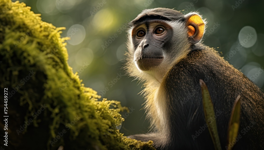 A Guenon monkey is depicted up close on a tree branch, exhibiting its ...