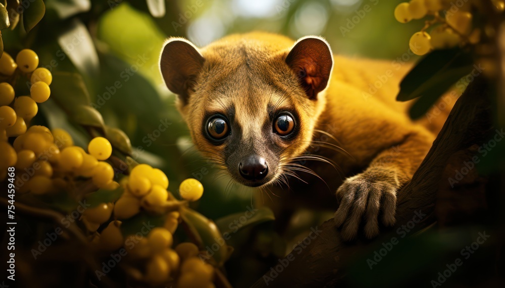 A close-up view of a Kinkajou, a small mammal with golden fur, gripping ...