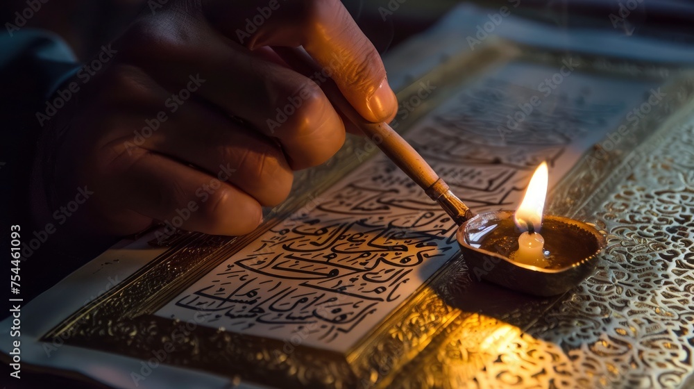 A calligrapher's hand meticulously paints intricate verses from the ...