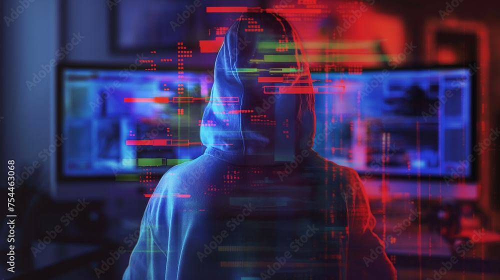 Silhouetted against a backdrop of intricate cyber security digital ...